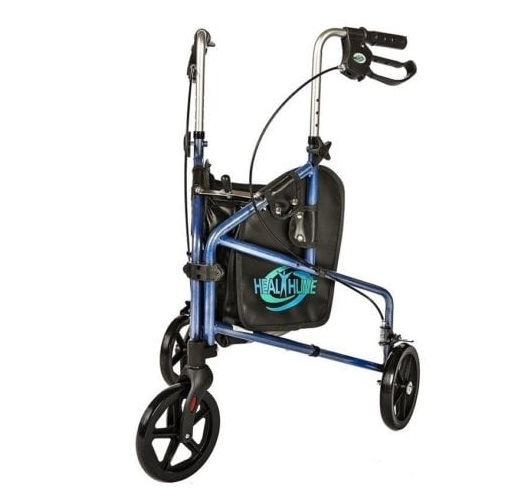 3 Wheel Blue Rollator with Pouch and Handle Brakes